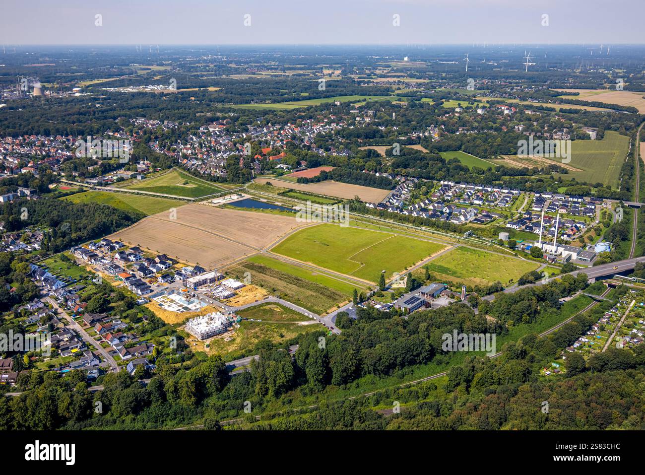 Aerial view, construction site and new housing estate at Hassel ...