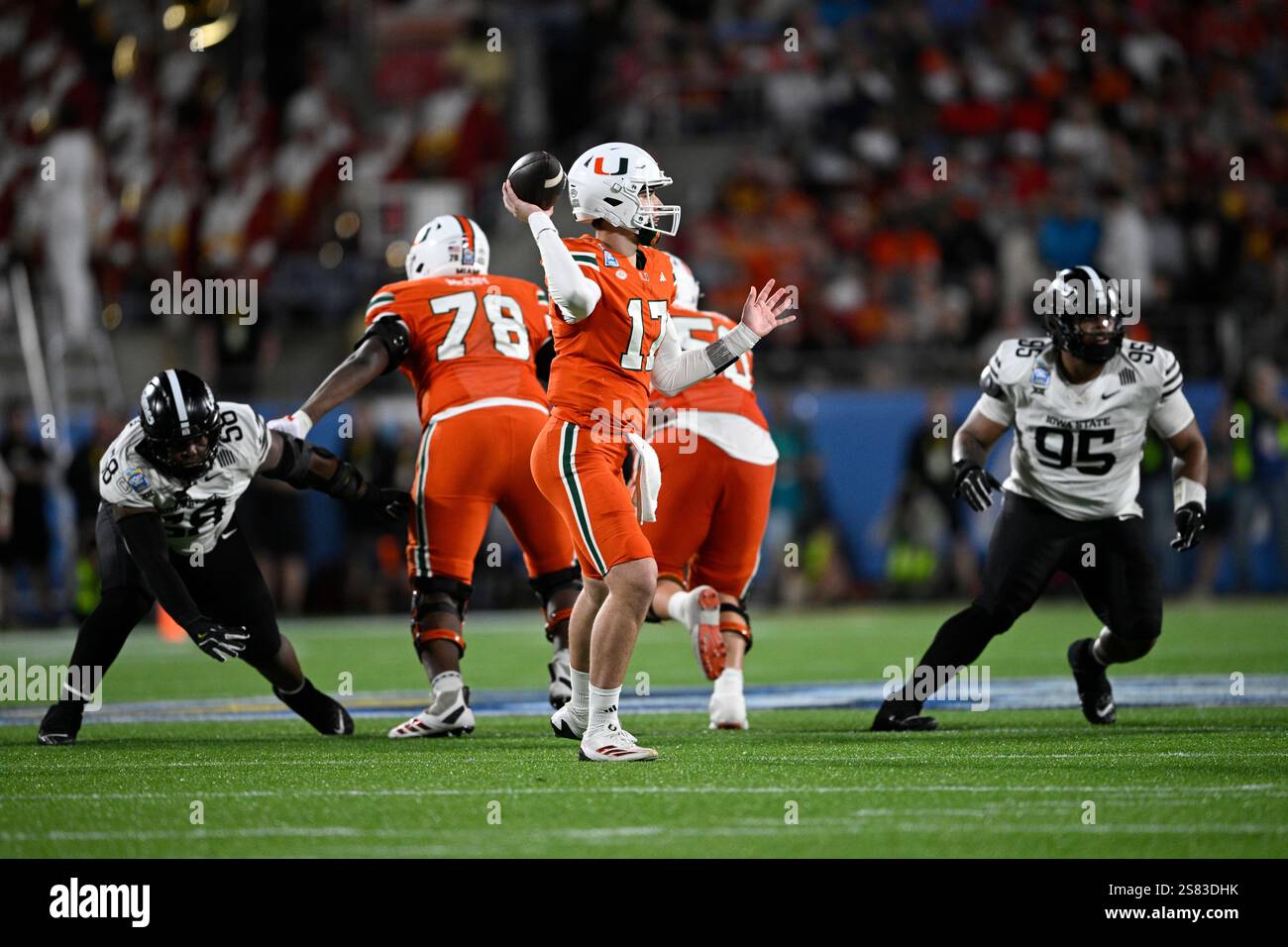 Miami quarterback Emory Williams (17) throws a pass against Iowa State ...