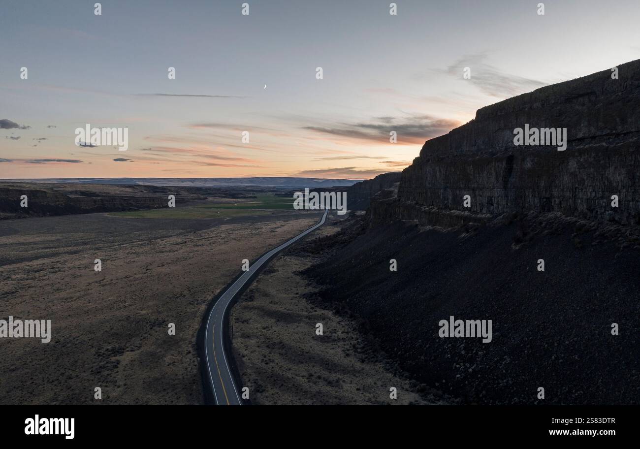 Aerial view of a road running through Moses Coulee in central ...
