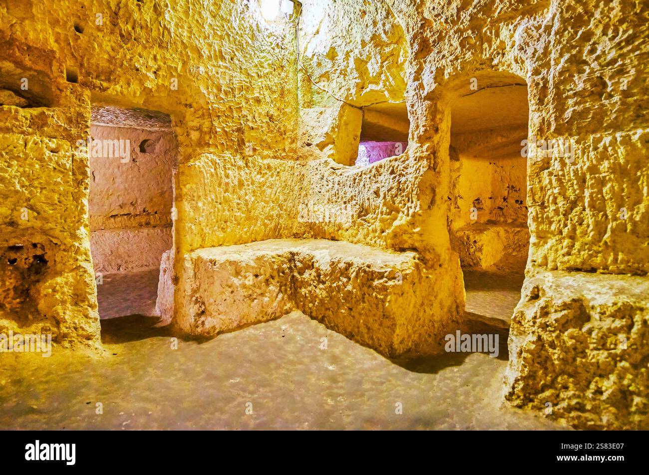 RABAT, MALTA - JUNE 16, 2018: The stone tunnel with shelters for people ...