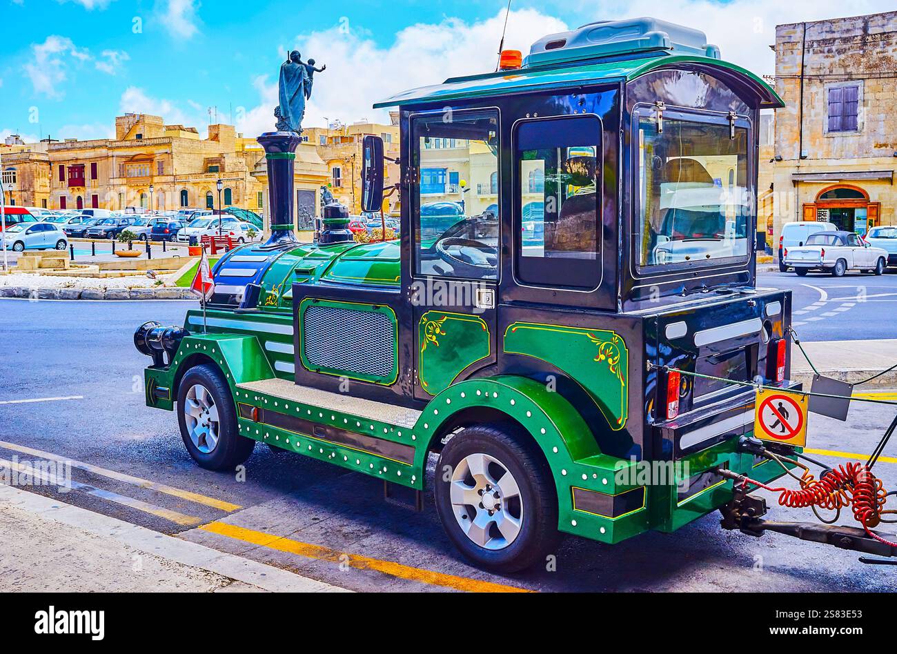 The old-style fun train waits the tourists in Museum square of Rabat ...