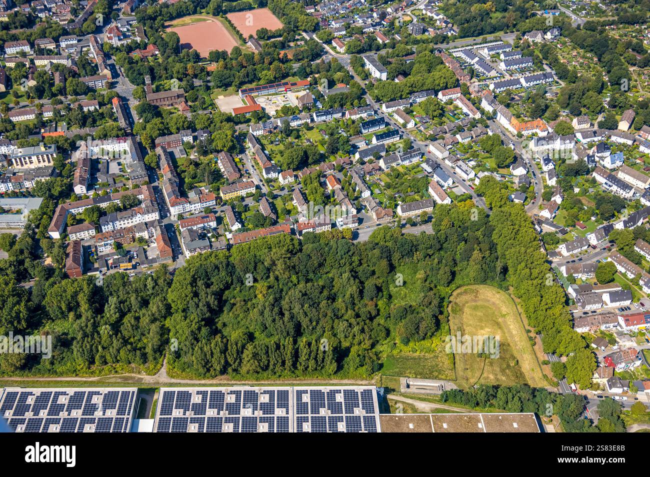 Aerial view, residential area between Florastraße and Wanner Straße at the industrial park ...