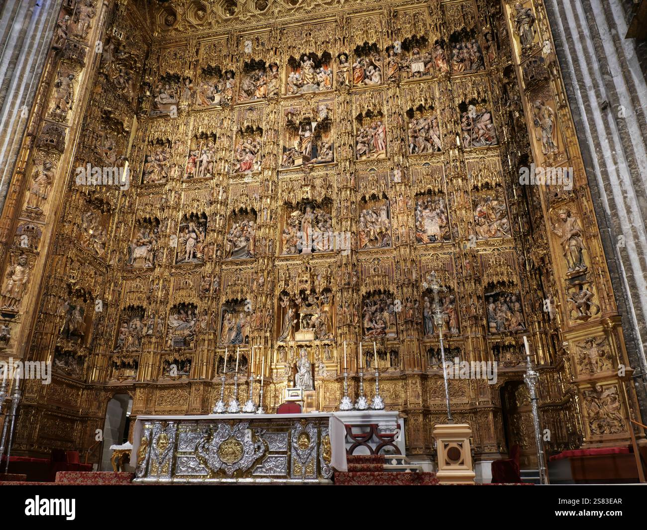 Huge gilded altar background and altar in the Cathedral of Maria de la ...