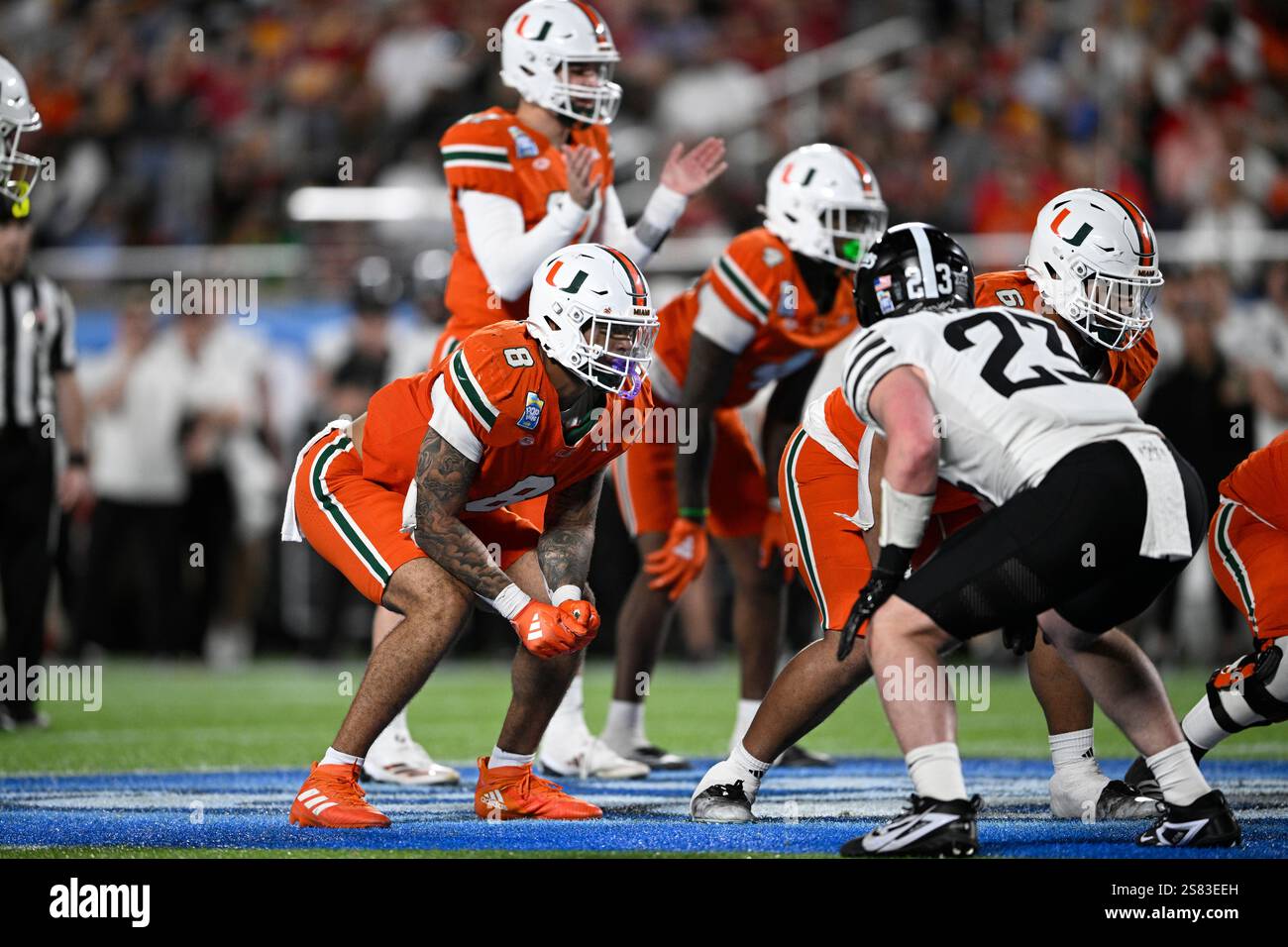 Miami tight end Elijah Arroyo (8) sets up to block against Iowa State ...