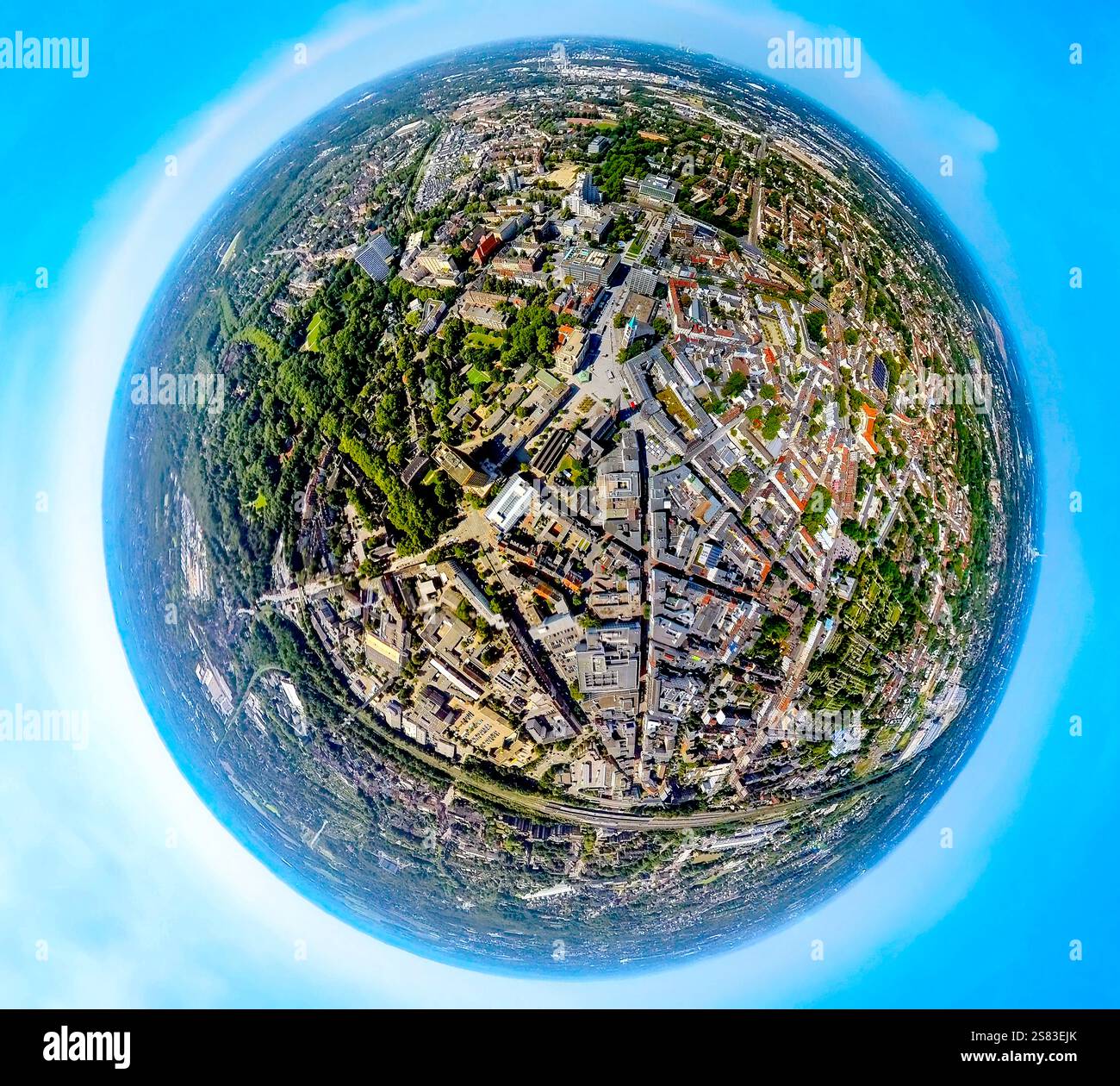 Aerial view, city center downtown with old town church and catholic ...