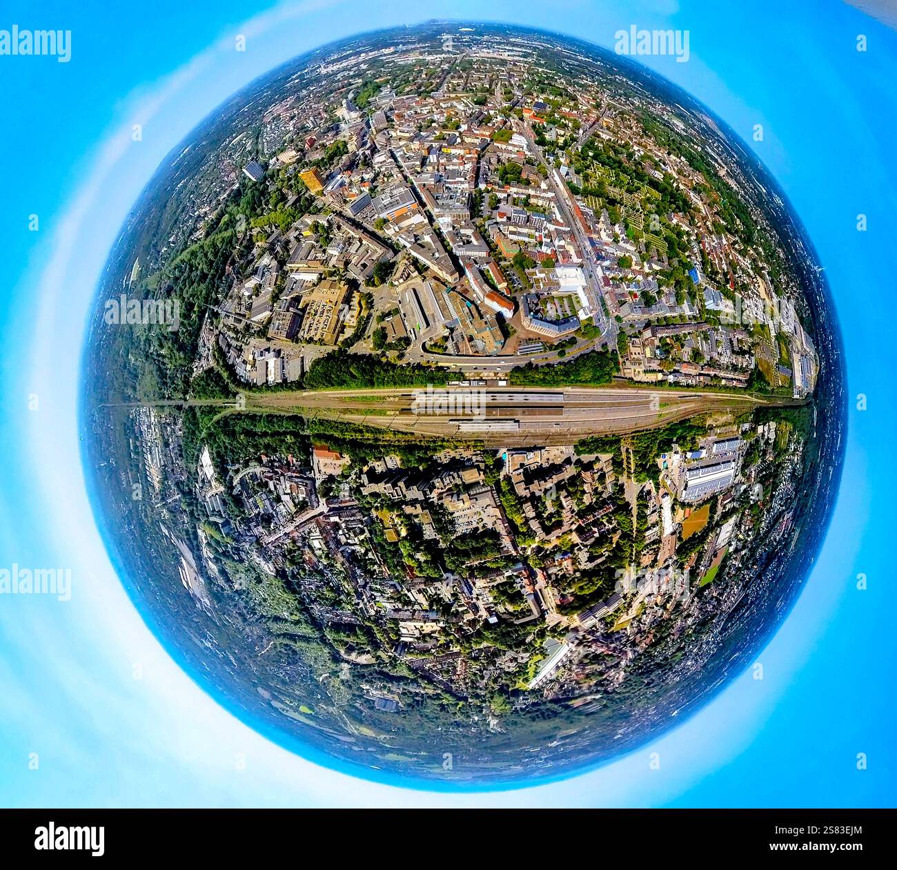 Aerial view, Bahnhofstrasse city center with main station, earth globe ...