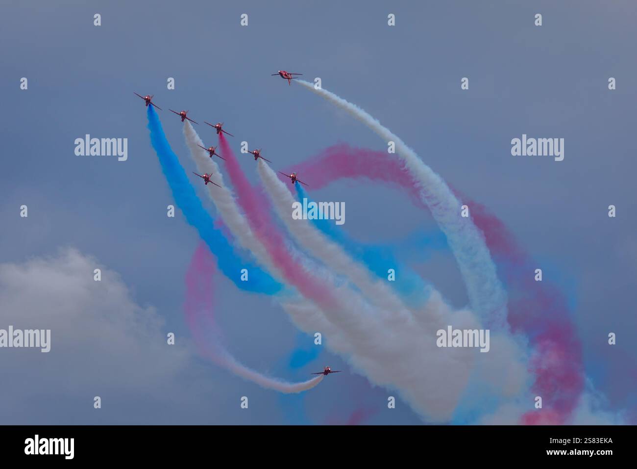 Nine RAF Hawk T1A of the Red Arrows, Duxford, Cambridgeshire, England ...