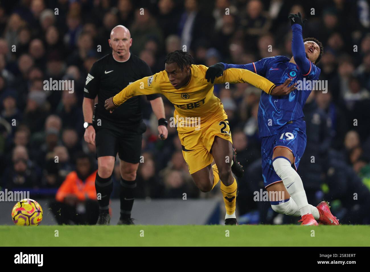 London, UK. 20th Jan, 2025. Jadon Sancho of Chelsea is fouled by Jean ...