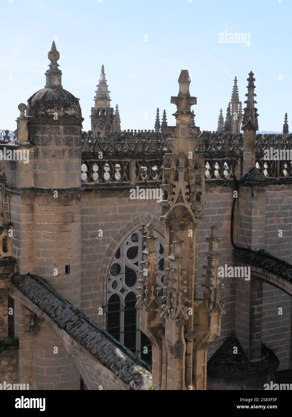 Gothic turrets on the roof of the Cathedral of Maria de la Sede in ...