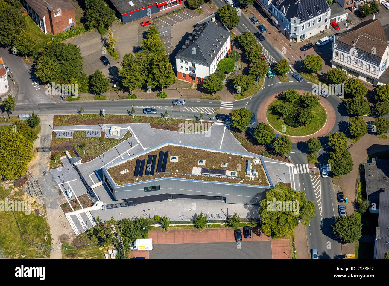 Aerial view, new integration house / health house with café at the ...