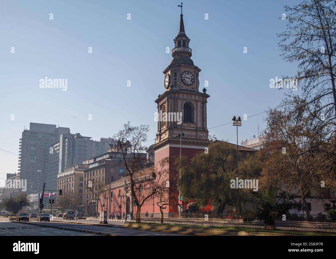 The Church of San Francisco with its clock tower in downtown Santiago ...