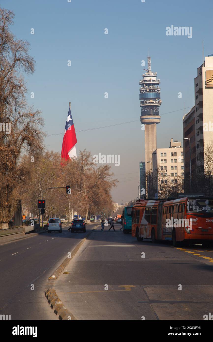 The ENTEL Communications tower and the chilean flag in downtown ...