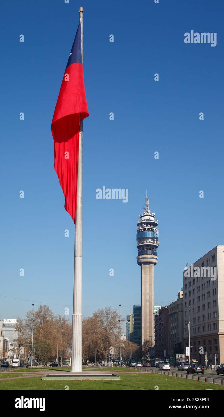 The ENTEL Communications tower and the chilean flag in downtown ...