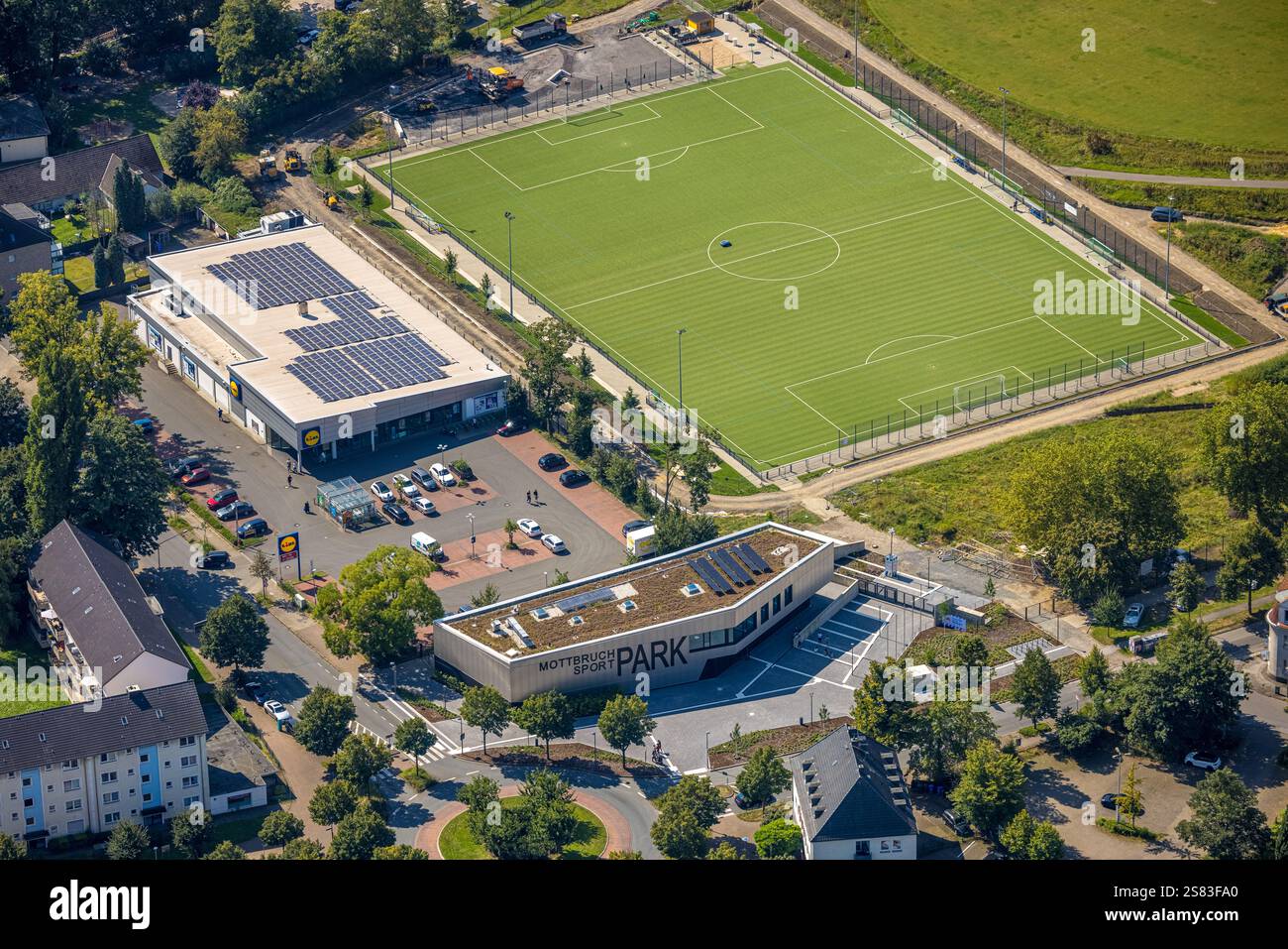 Aerial view, new integration house/ health house with café at the ...
