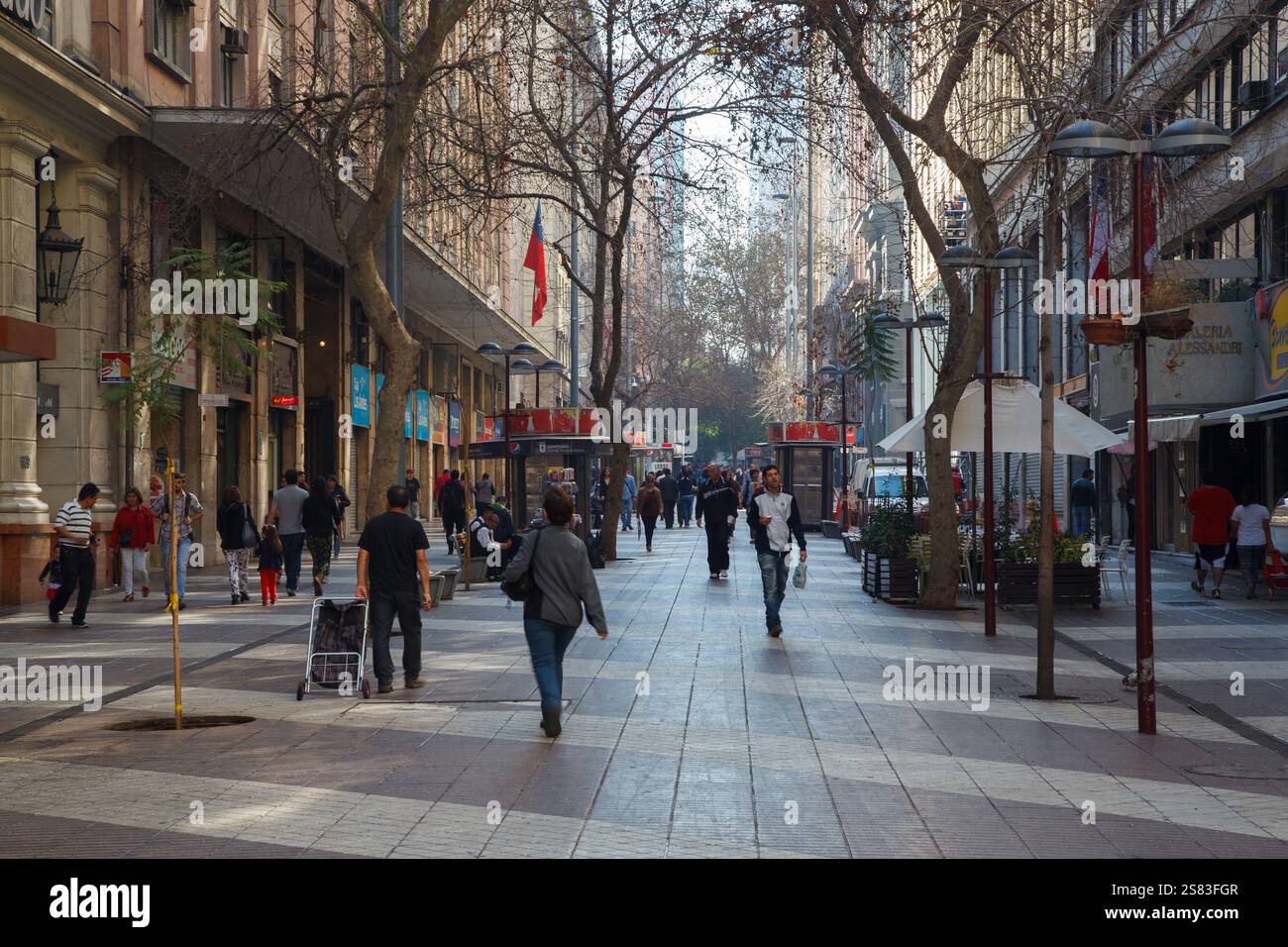 A Typical pedestrian street with trees at Downtown district, Santiago ...