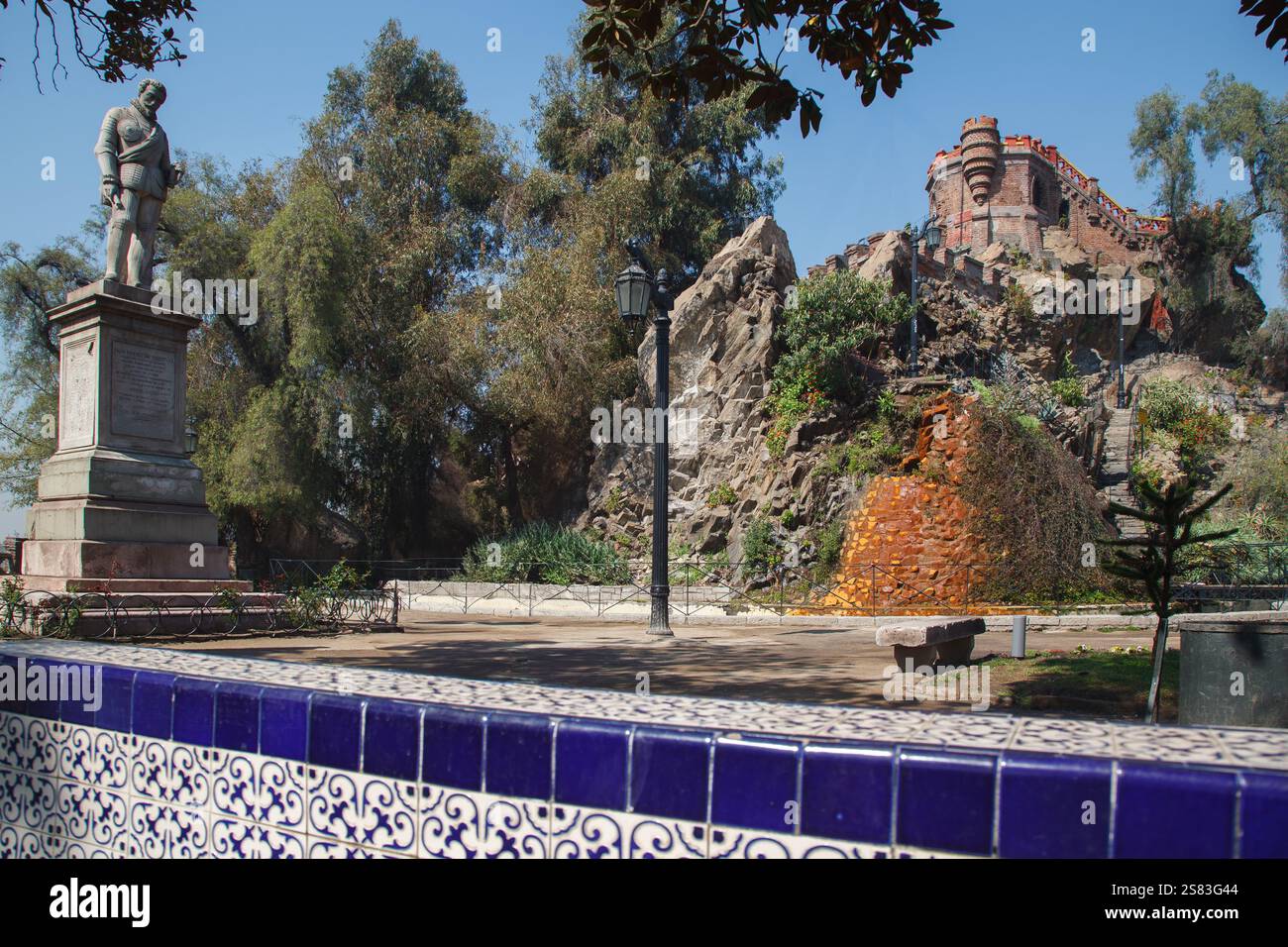The Pedro de Valdivia monument and Castillo Hidalgo fortfied walls ...