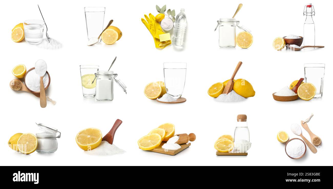 Set of baking soda, vinegar and lemons on white background Stock Photo ...