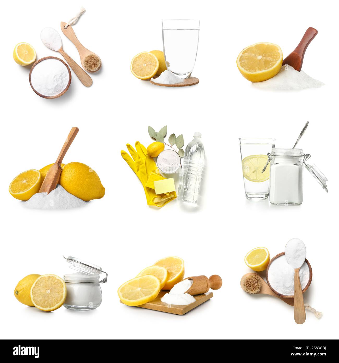 Set of baking soda, vinegar and lemons on white background Stock Photo ...