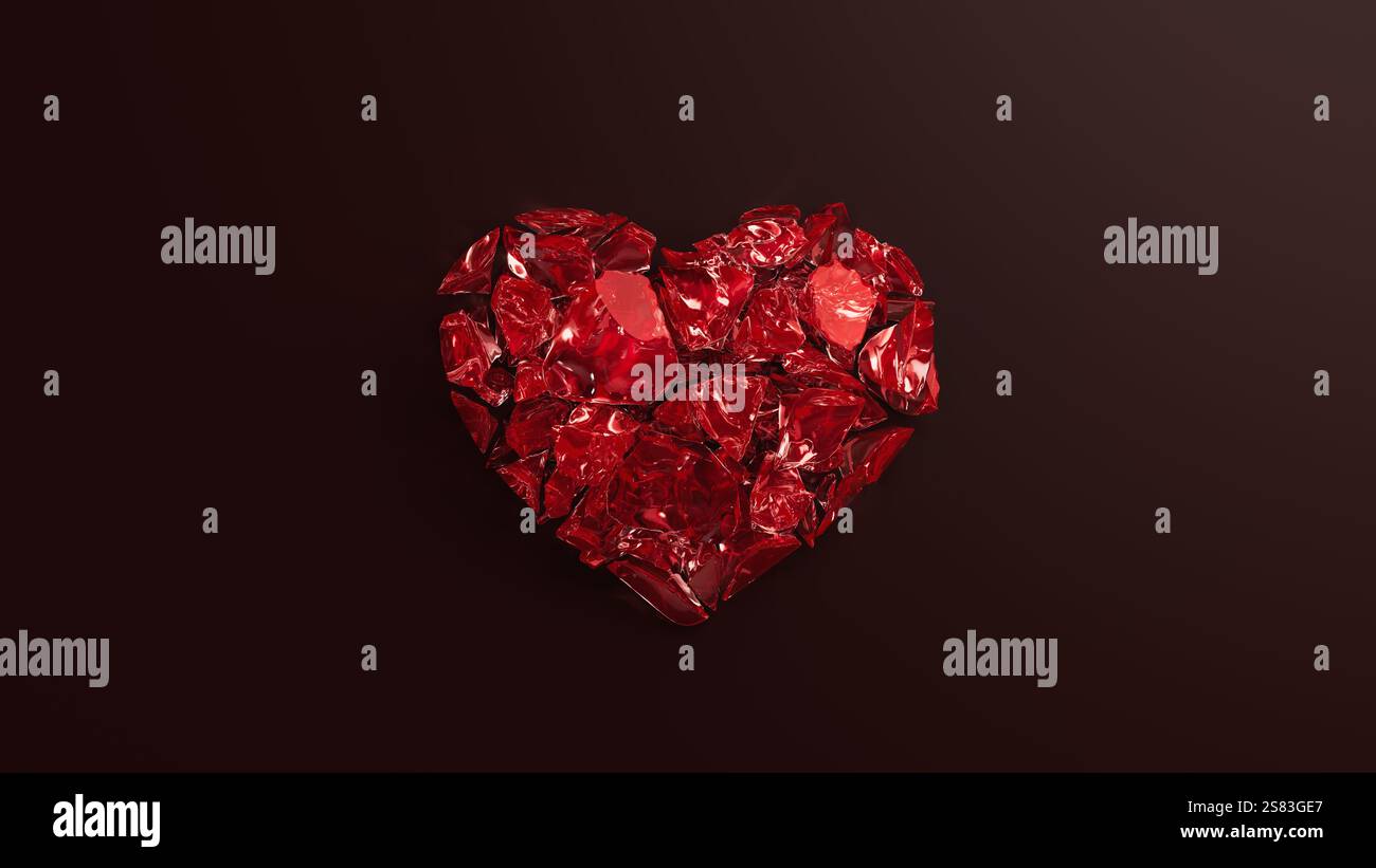 A red shuttered glass heart on a black background. Cracked glass as ...
