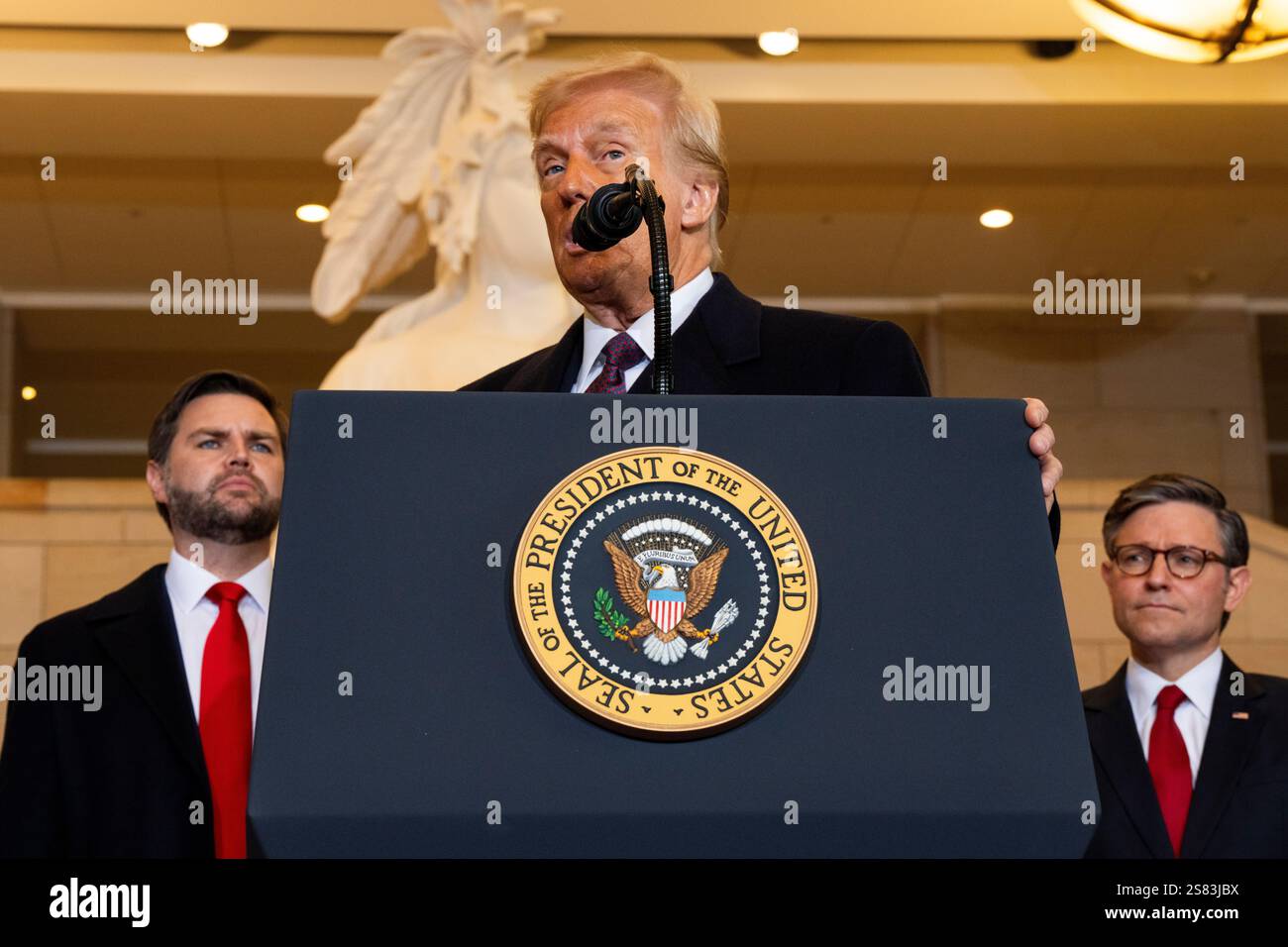 Washington, DC. 20th Jan, 2025. President Donald Trump addresses guests and supporters in an ...