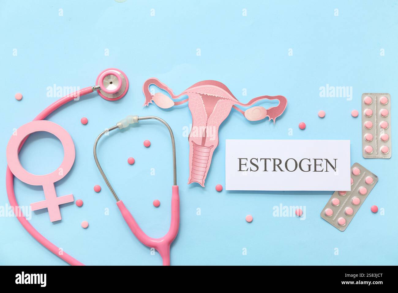 Word ESTROGEN with stethoscope, hormonal pills, paper uterus and symbol ...