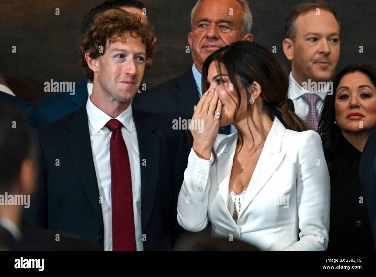 Mark Zuckerberg, left, and Lauren Sanchez stand before the 60th ...
