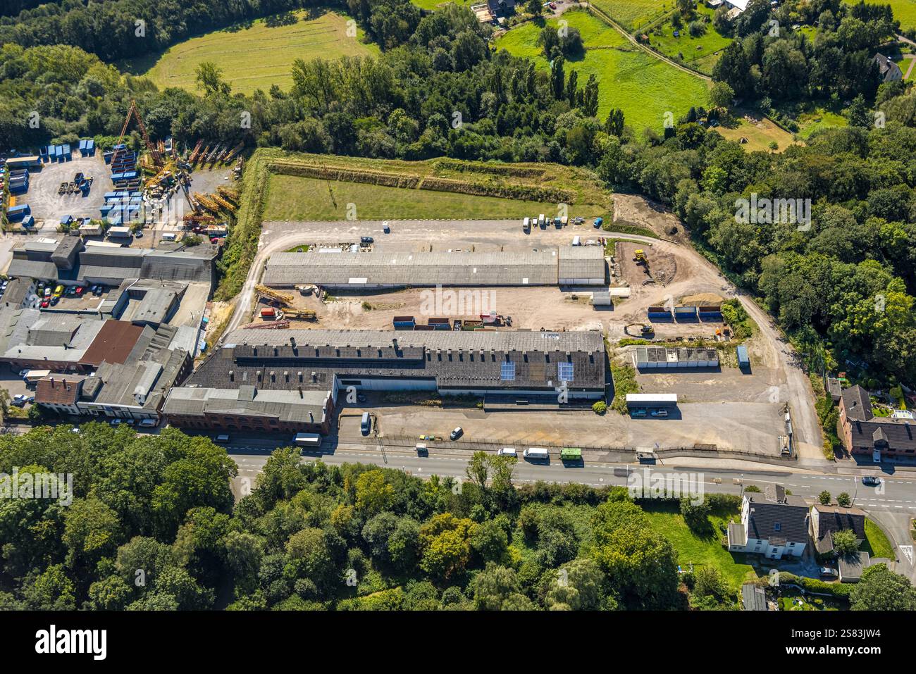 Aerial view, industrial estate with factory and factory building under ...