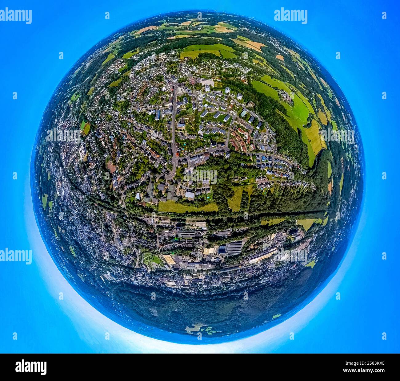 Aerial view, city center view and Wittener Straße, earth globe, fisheye ...