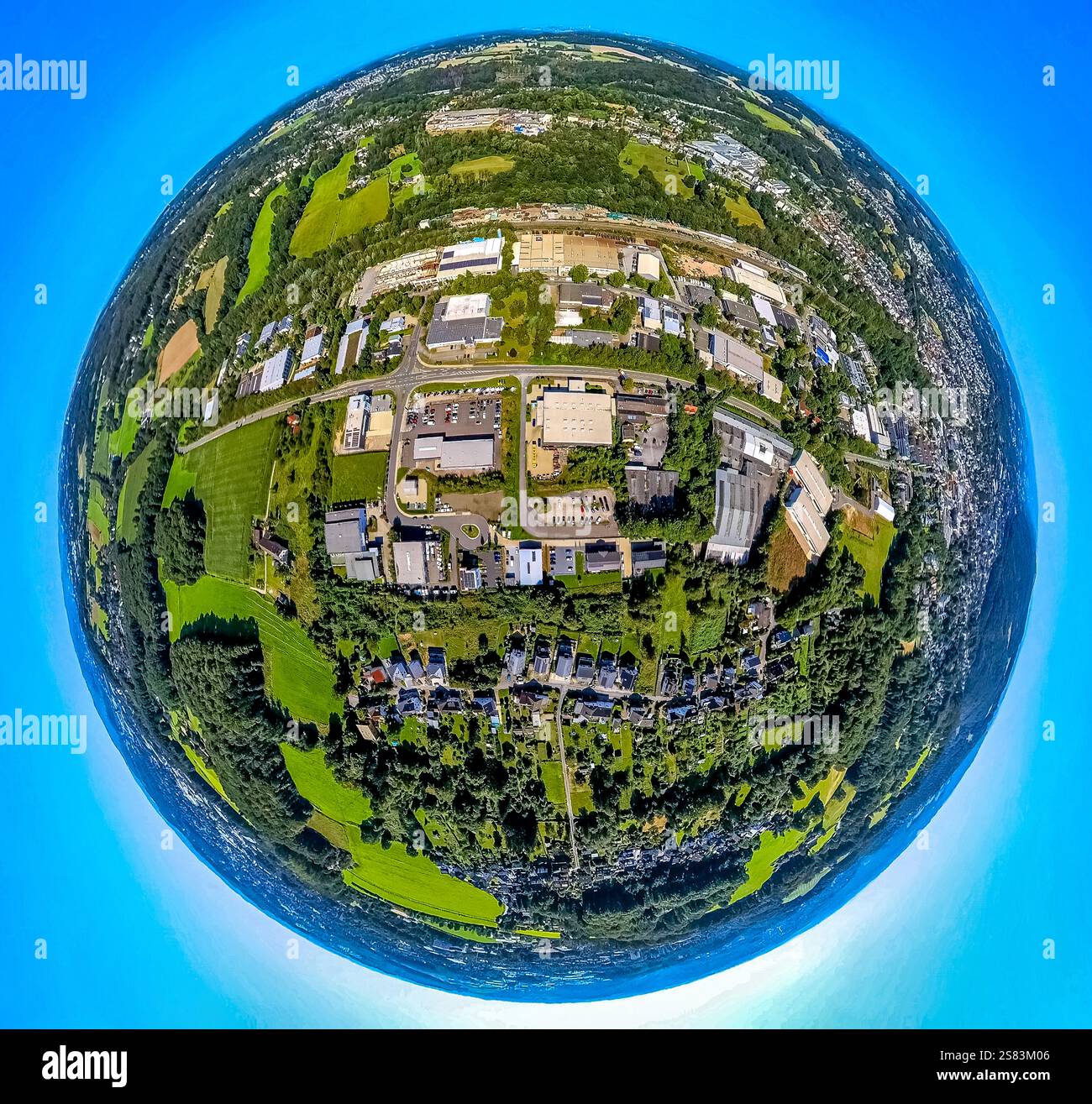 Aerial view, industrial area Rosendahler Straße, earth globe, fisheye ...