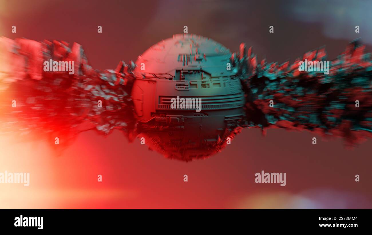 Spherical science fiction object with abstract element pierced through ...