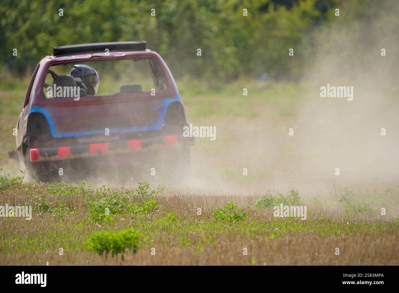 A car is driving through a dusty field. The car is a red and blue color ...