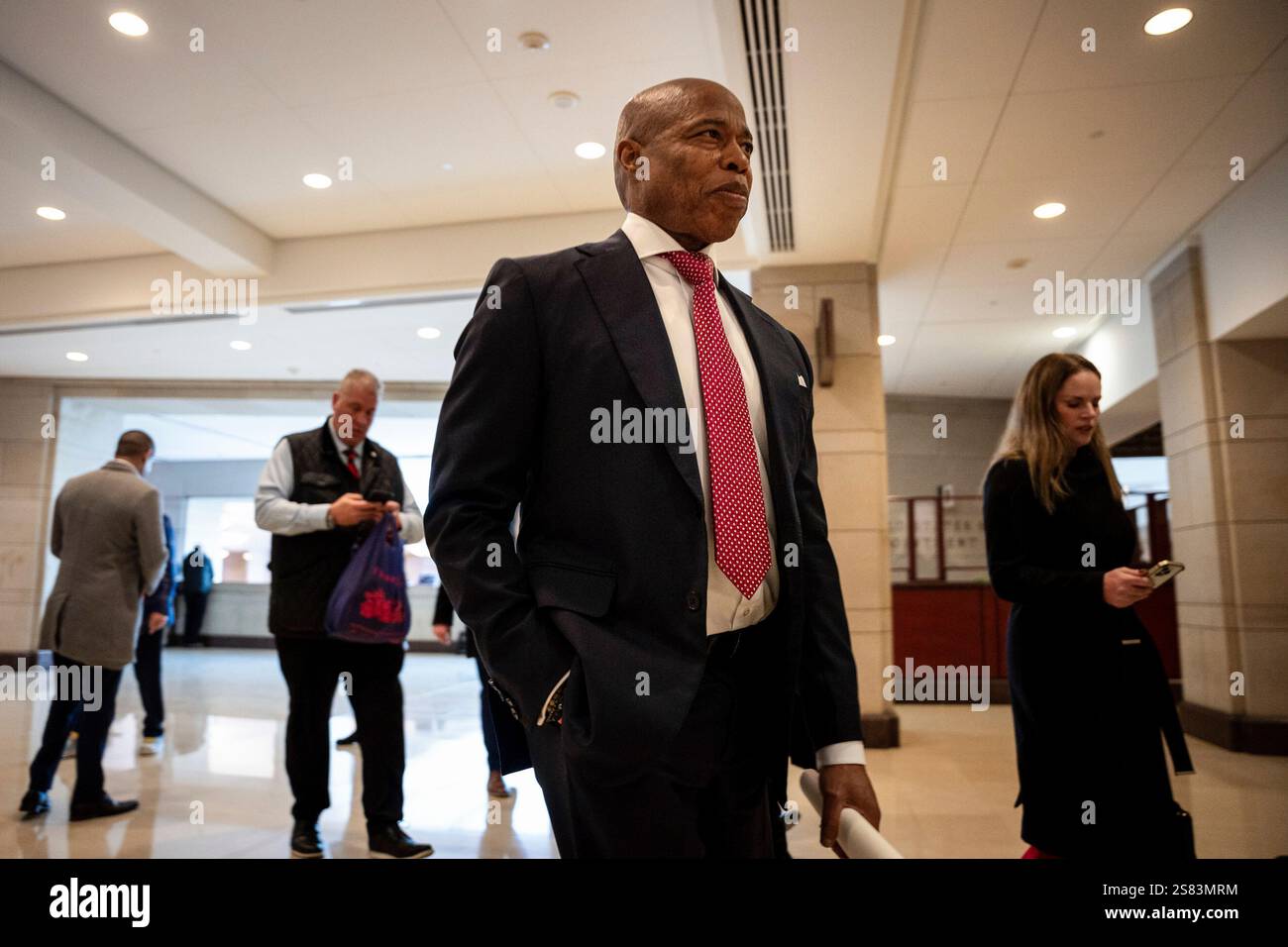 New York City Mayor Eric Adams departs after listening to President ...