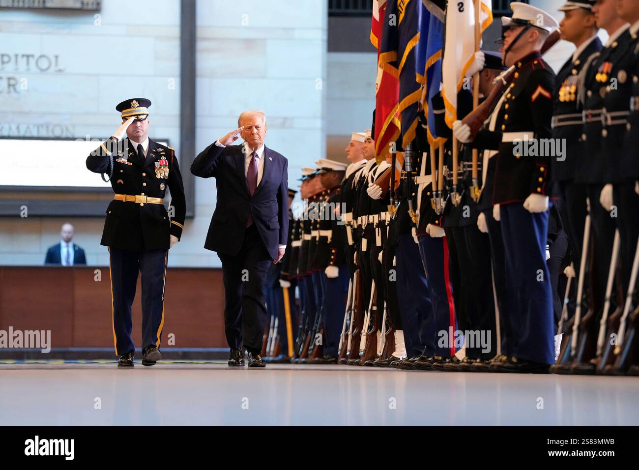 President Donald Trump reviews the troops in Emancipation Hall of the U ...