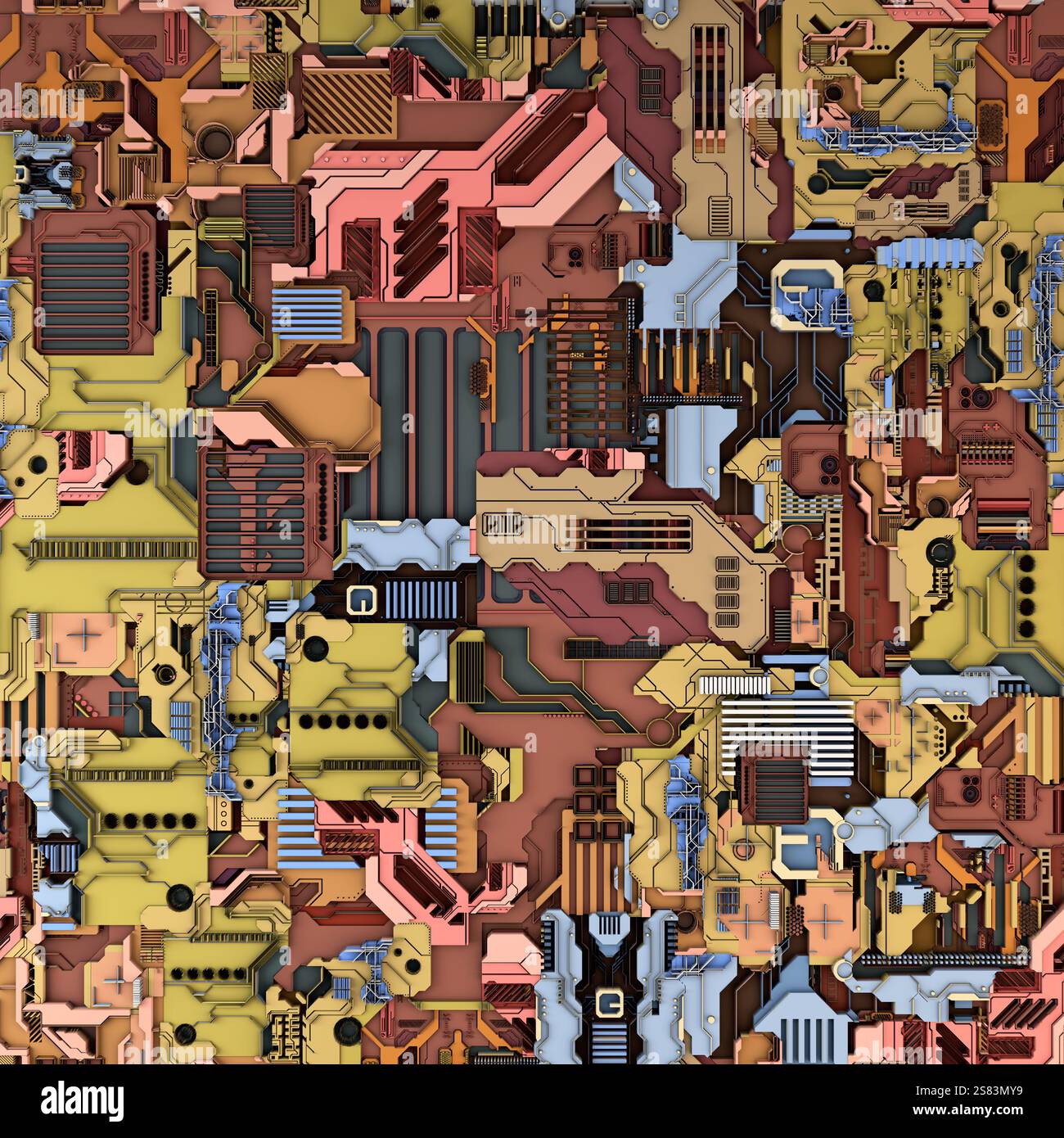 3d render, illustration of motherboard, silicon components, chip, big ...