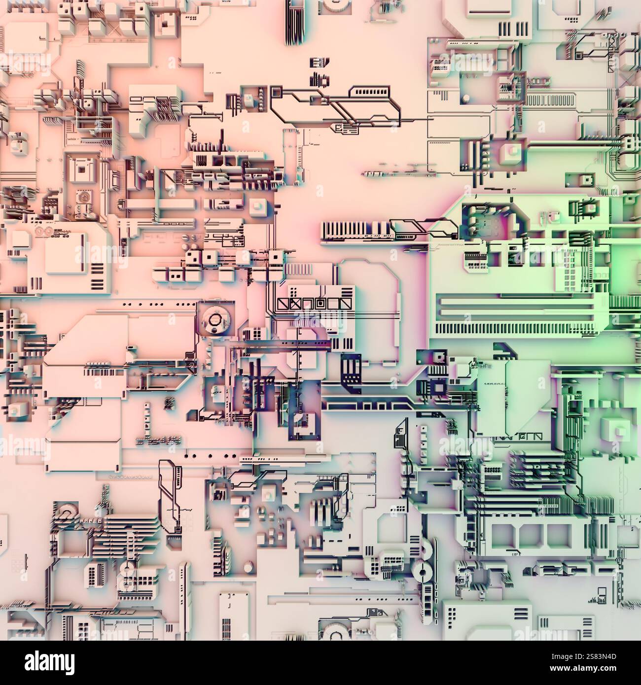 3d render, illustration of motherboard, silicon components, chip, big ...