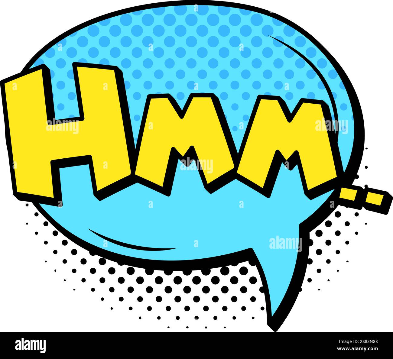 Yellow hmm text sitting inside a light blue speech bubble featuring a ...