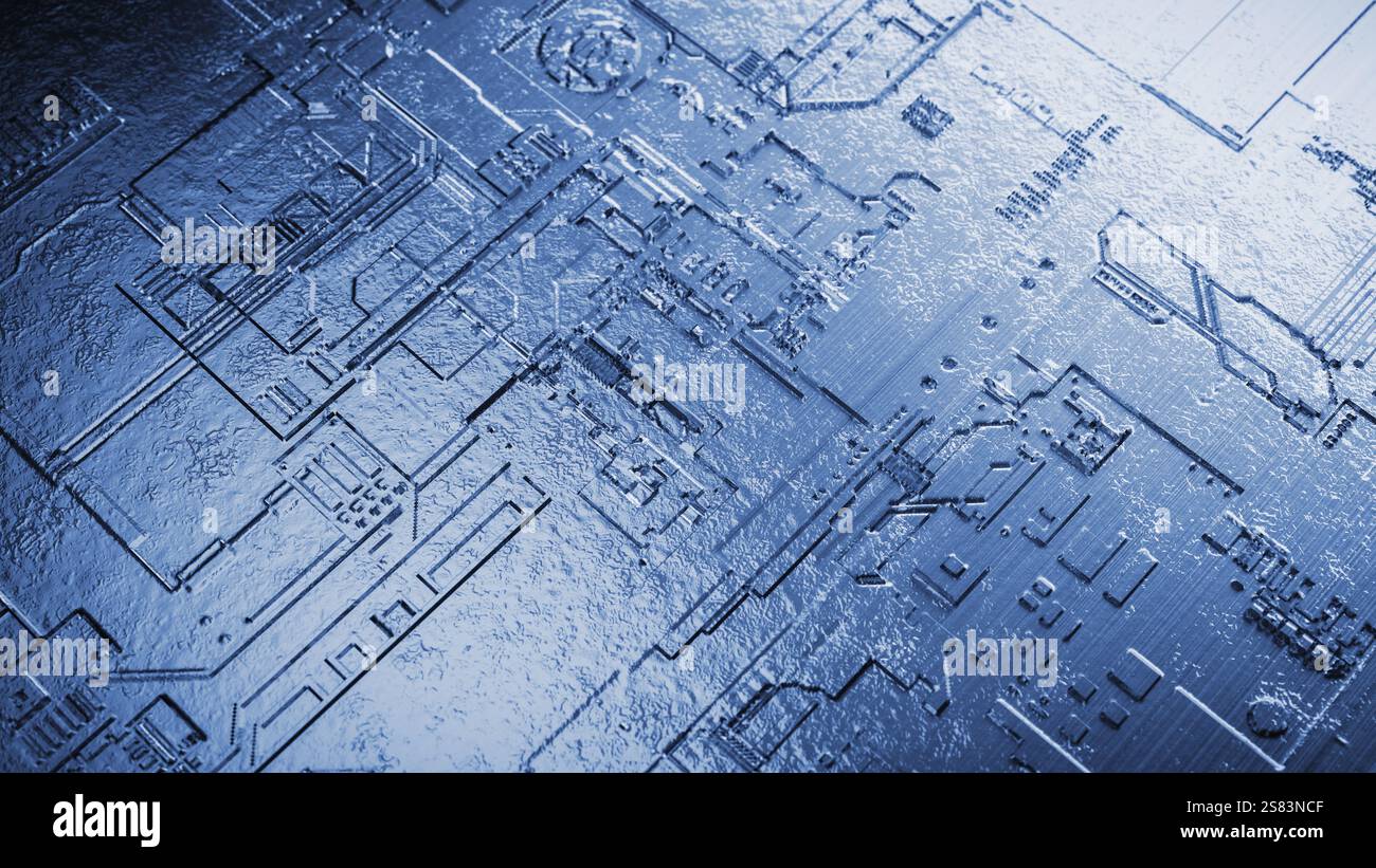 Macro view of a circuit metal board with reflection and light. Future ...