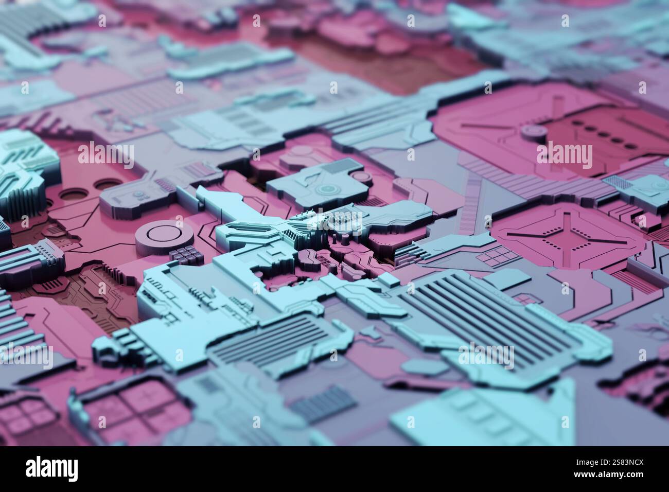 Macro view of circuit metal board with reflection. Future and ...