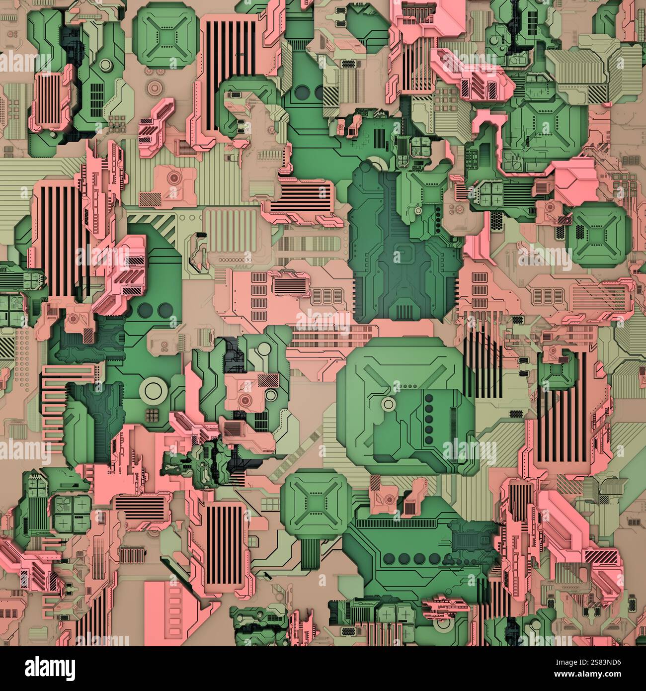 3d render, illustration of motherboard, silicon components, chip, big ...