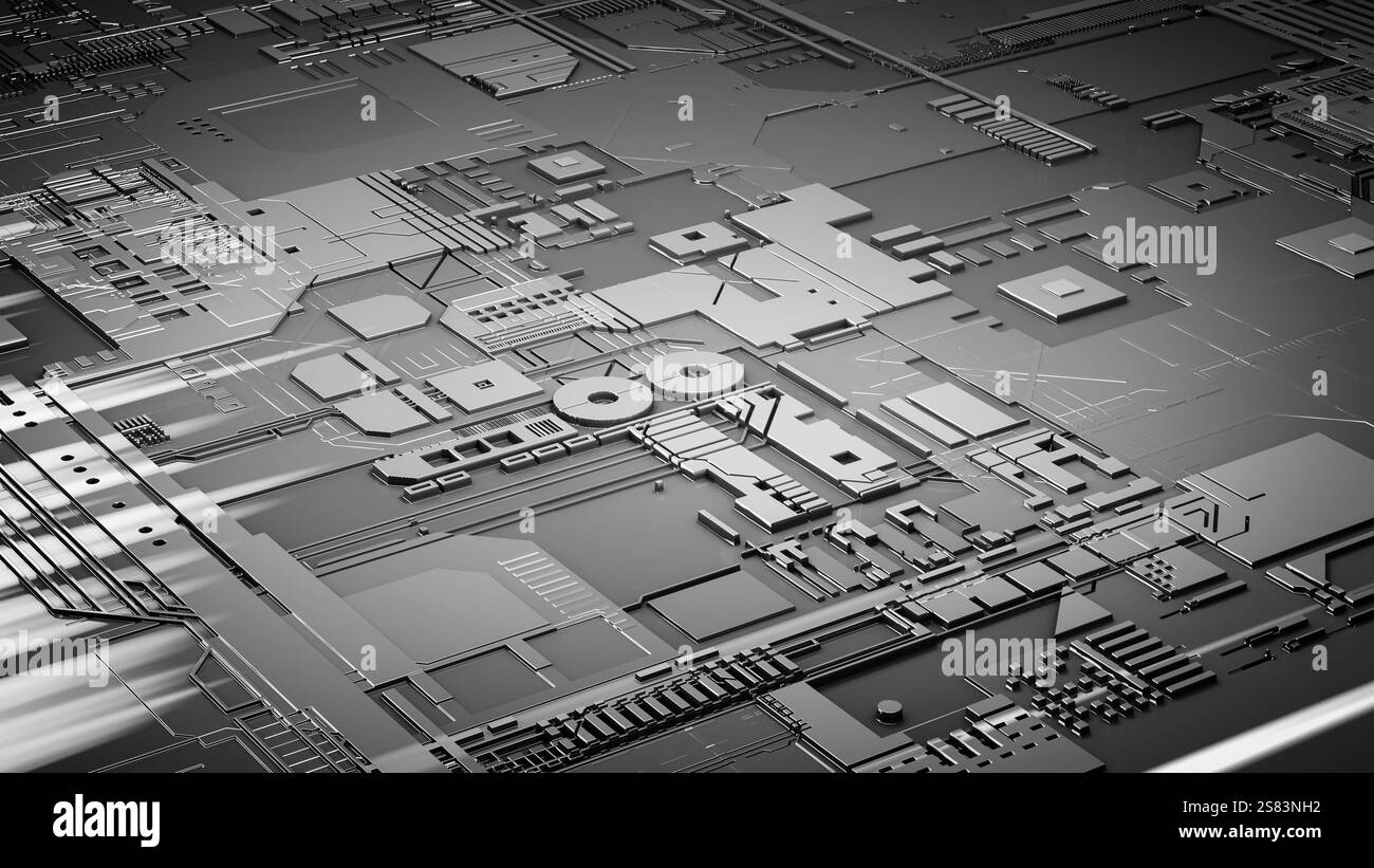 Macro view of a circuit metal board with reflection and light. Future ...