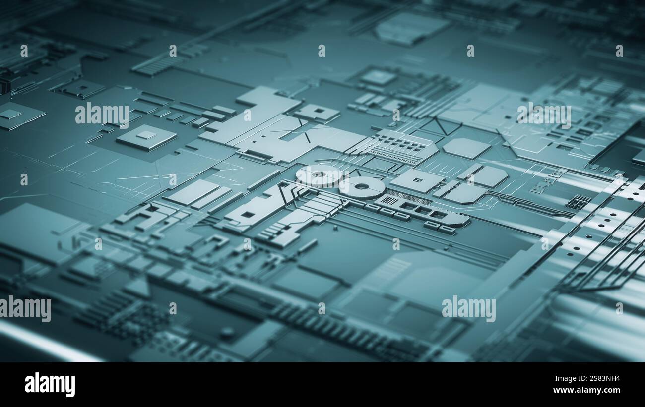 Macro view of a circuit metal board with reflection and light. Future ...