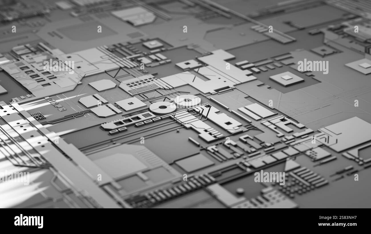 Macro view of a circuit metal board with reflection and light. Future ...