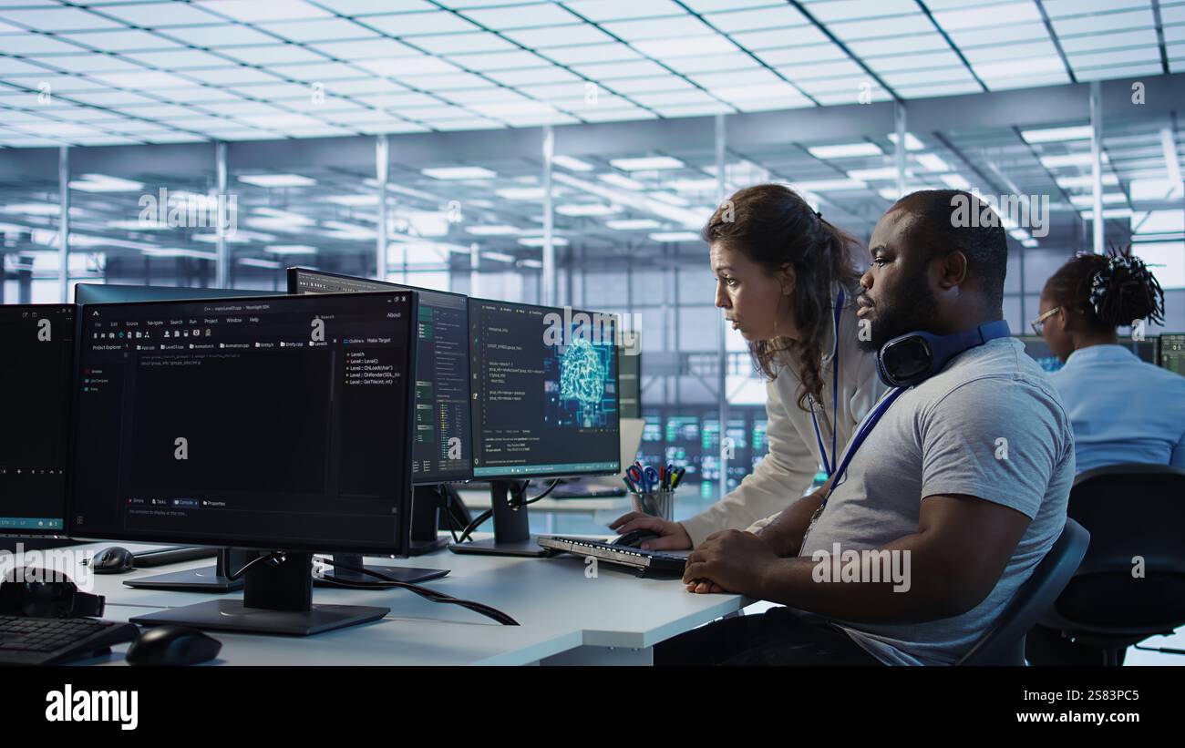 Manager showing admin how to finish tasks in data center providing ...