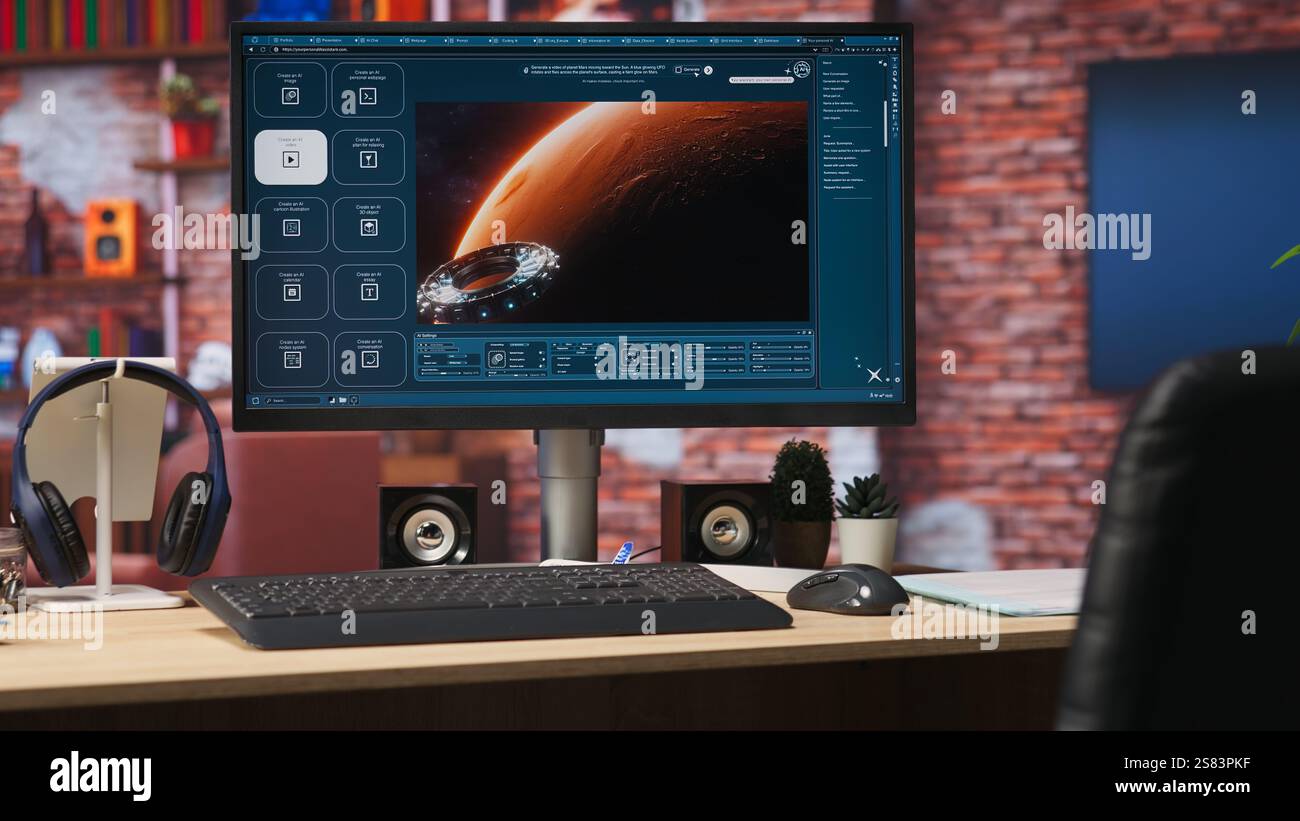 Computer screen in room with generative artificial intelligence website generating videos using ...