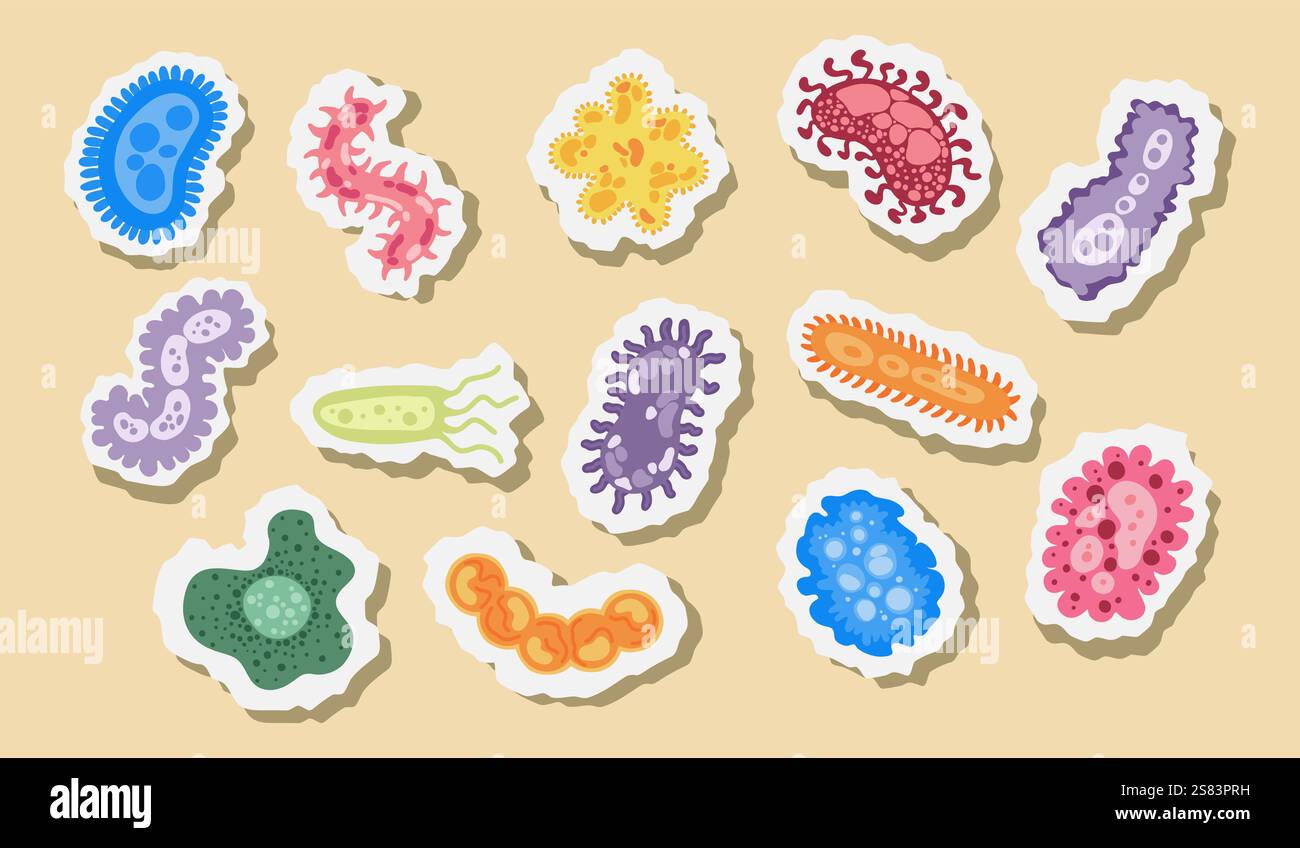 Bacteria and virus illustration set. Pathogenic bacteria, viruses and microbes, disease-causing ...