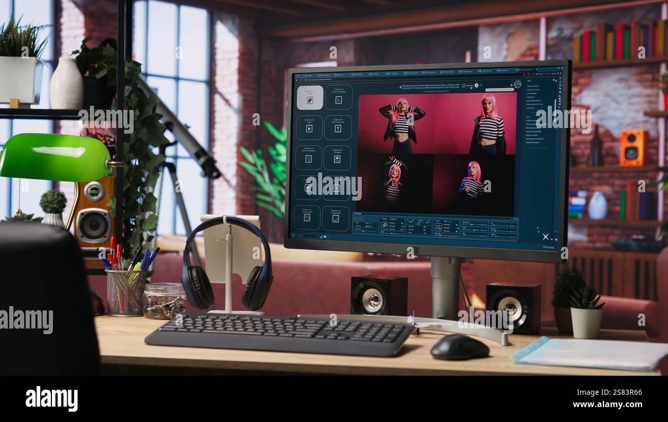 Computer on desk with UI of artificial intelligence GPT application turning text prompt into ...