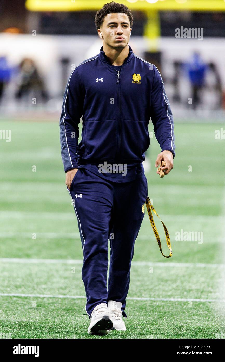 Atlanta, Georgia. 20th Jan, 2025. Notre Dame wide receiver Jordan Faison (6) during team walk ...