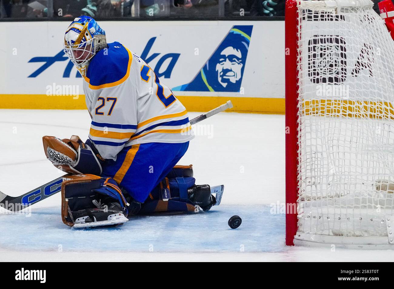 Buffalo Sabres goaltender Devon Levi (27) watches the goal by Seattle ...