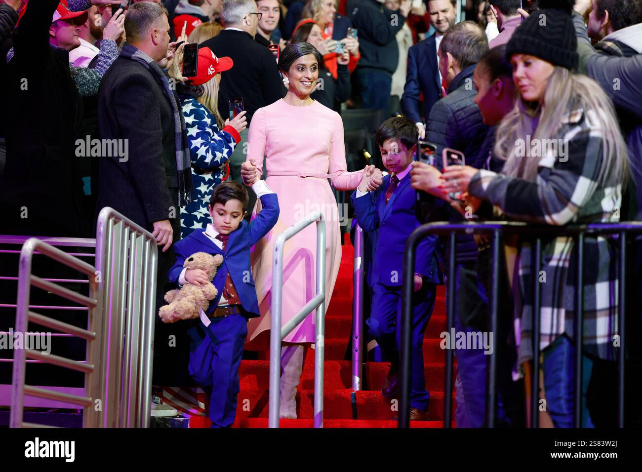 Second lady Usha Vance and her sons Ewan, 7, Vivek, 4, arrive during an ...