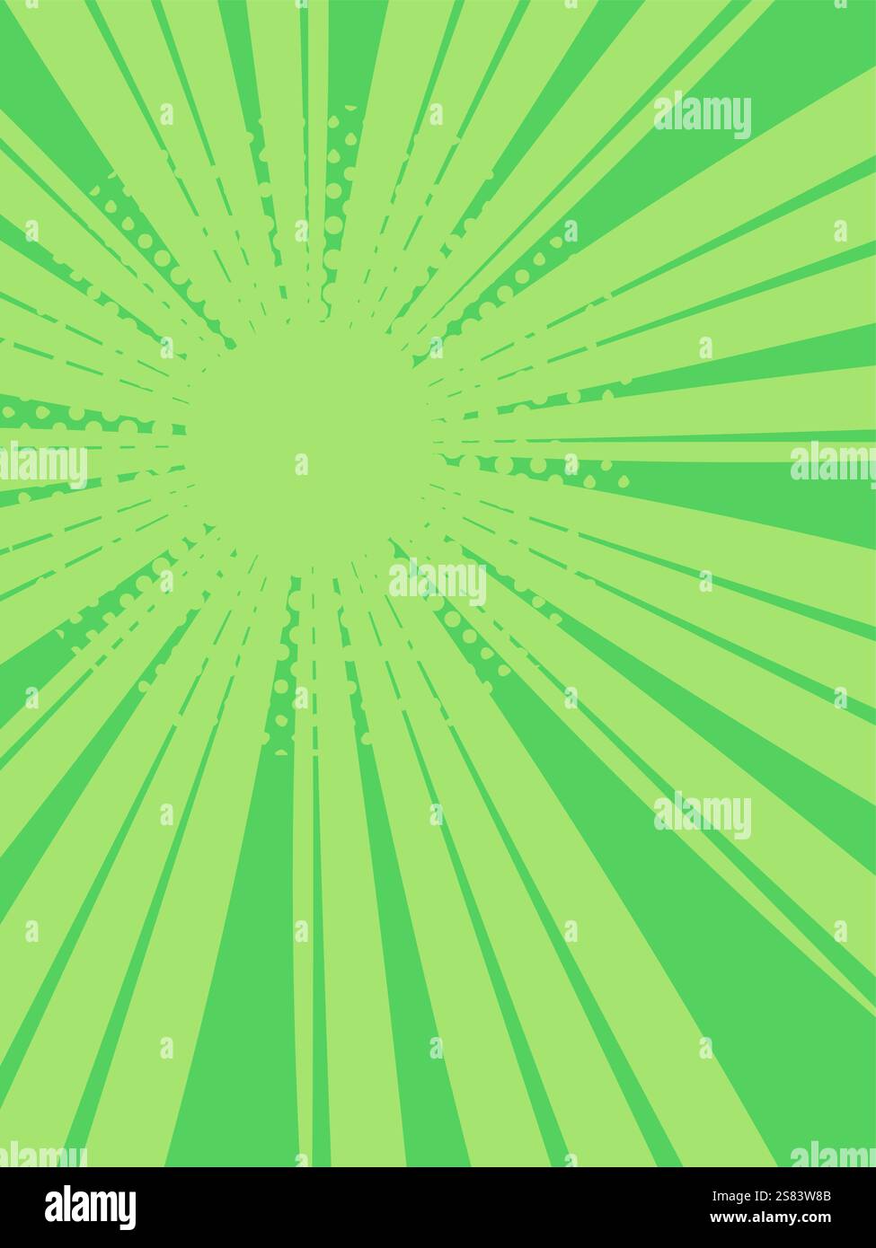 Green sunburst background features halftone dots and radial lines ...